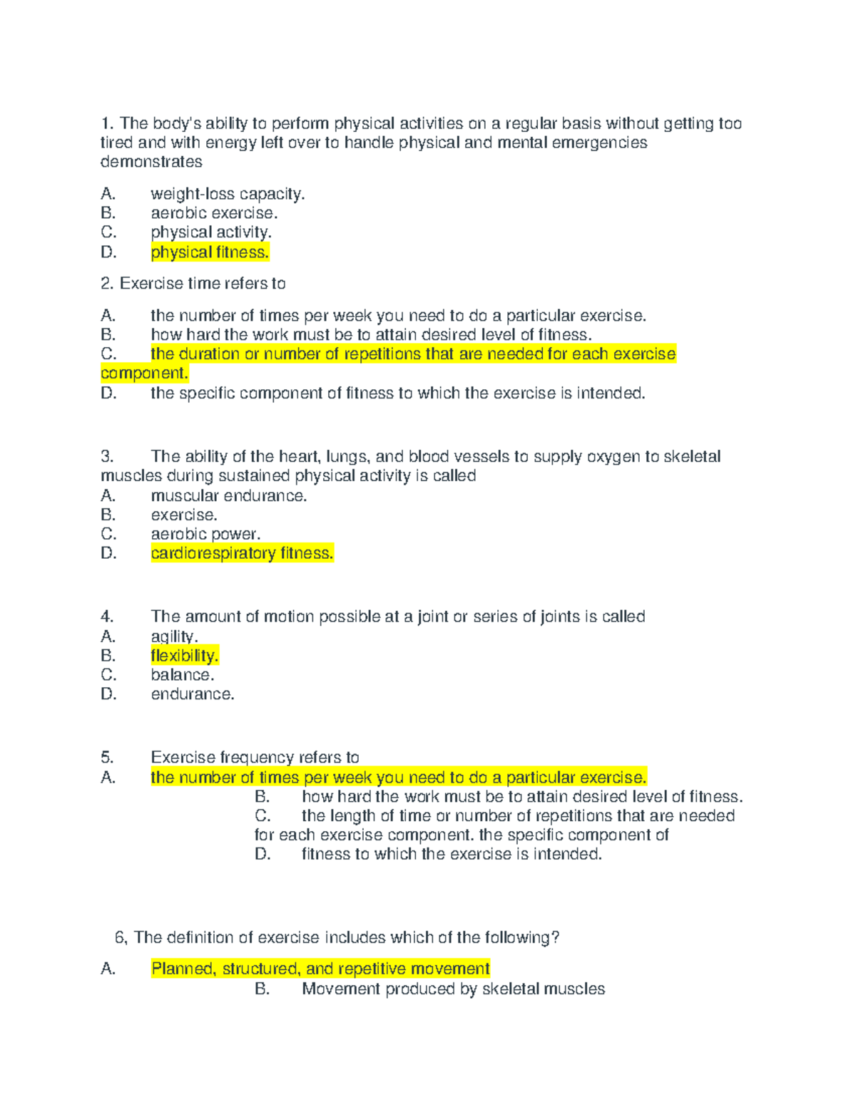 Personal health Ch. 10 quiz - The body's ability to perform physical ...