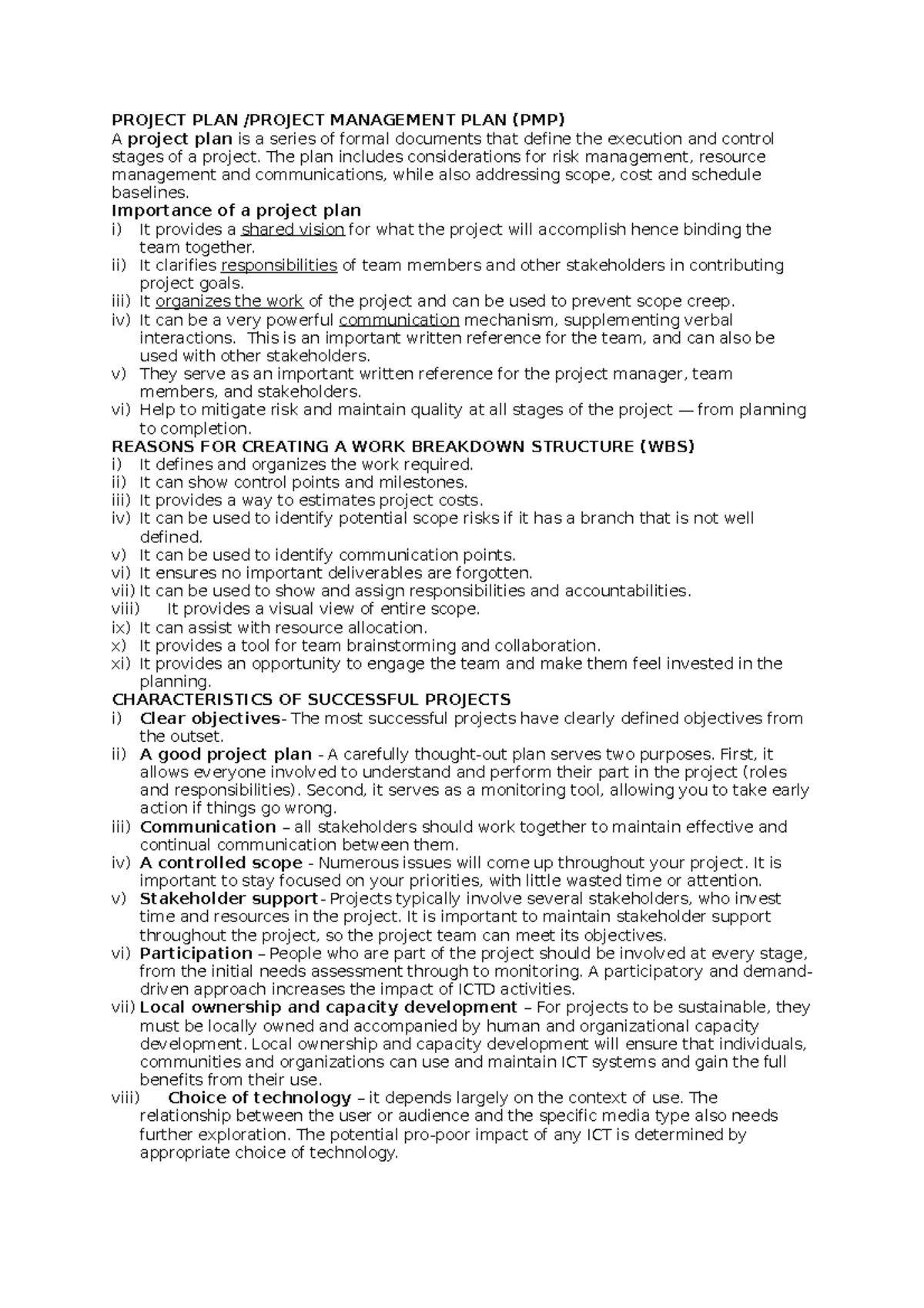 Project PLAN - summary notes - PROJECT PLAN /PROJECT MANAGEMENT PLAN ...