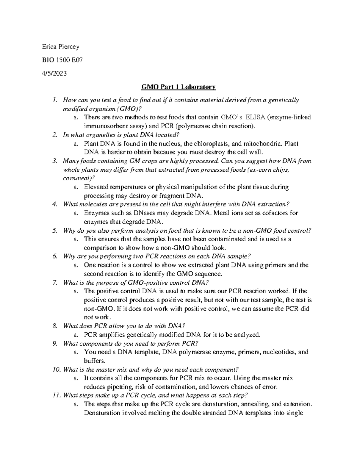 GMO Part 1 Laboratory - Erica Piercey BIO 1500 E 4/5/ GMO Part 1 ...