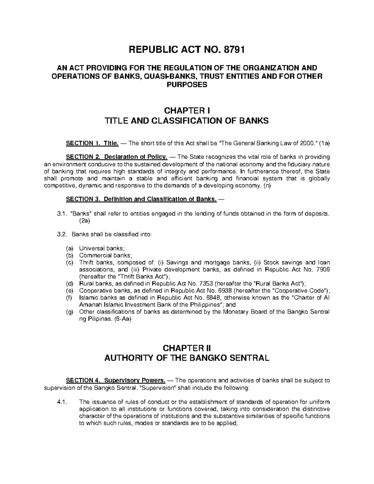 RA 8791 (Banking Law of 2000 ) - REPUBLIC ACT NO. 8791 AN ACT PROVIDING ...