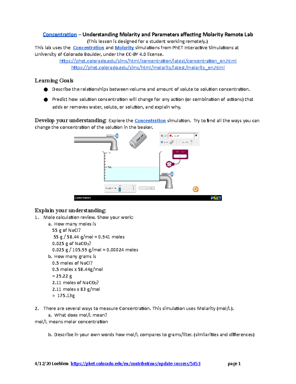 Concentration Molarity Remote Lab (1) - Concentration – Understanding ...