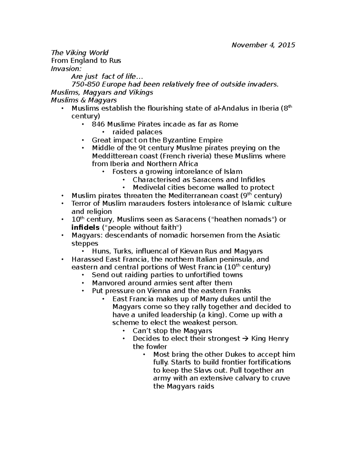 Lecture notes, lecture 8 - Pre Modern World History - November 4, 2015 ...