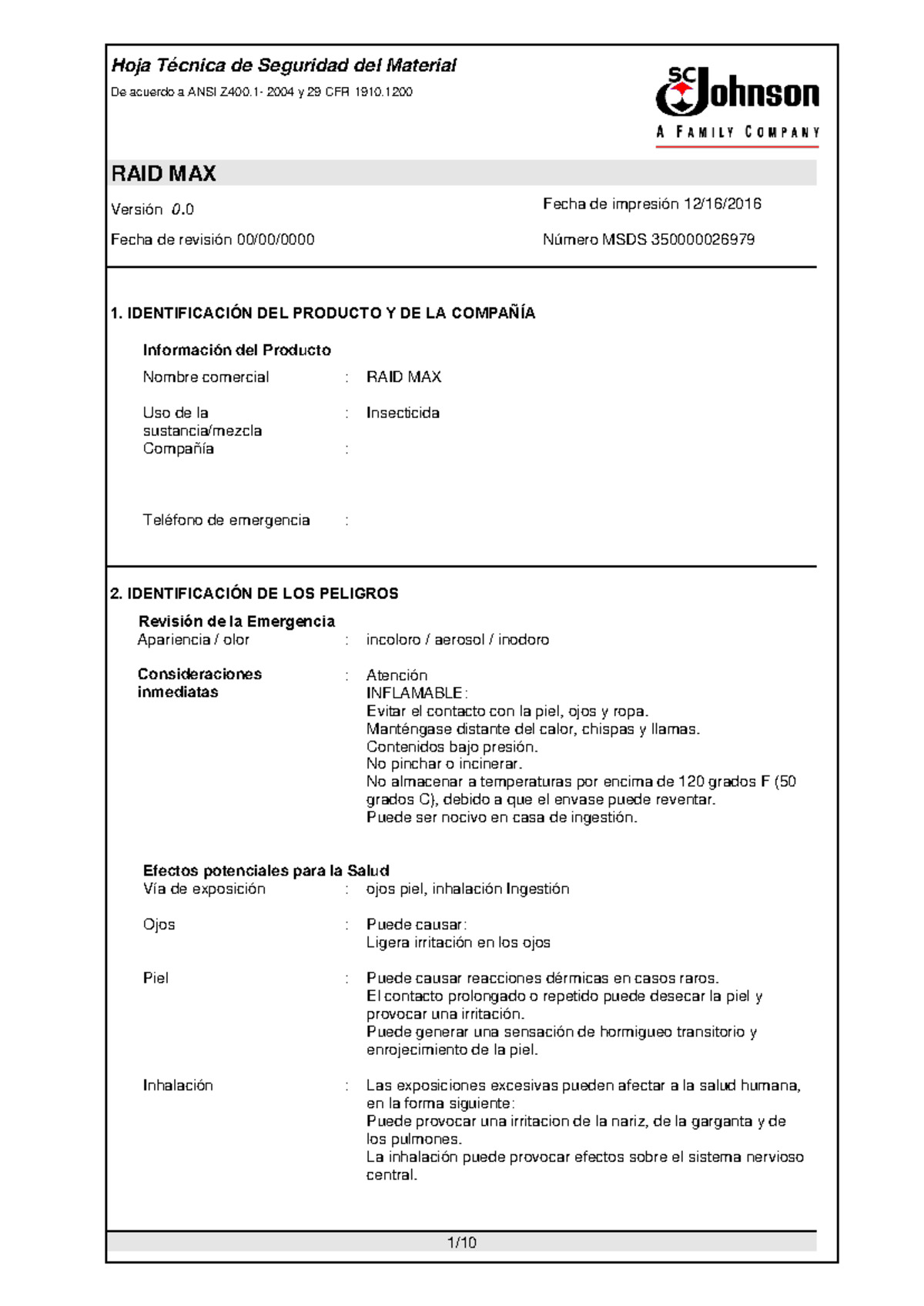 Ficha Tecnica RAID - De acuerdo a ANSI Z400- 2004 y 29 CFR 1910. RAID ...