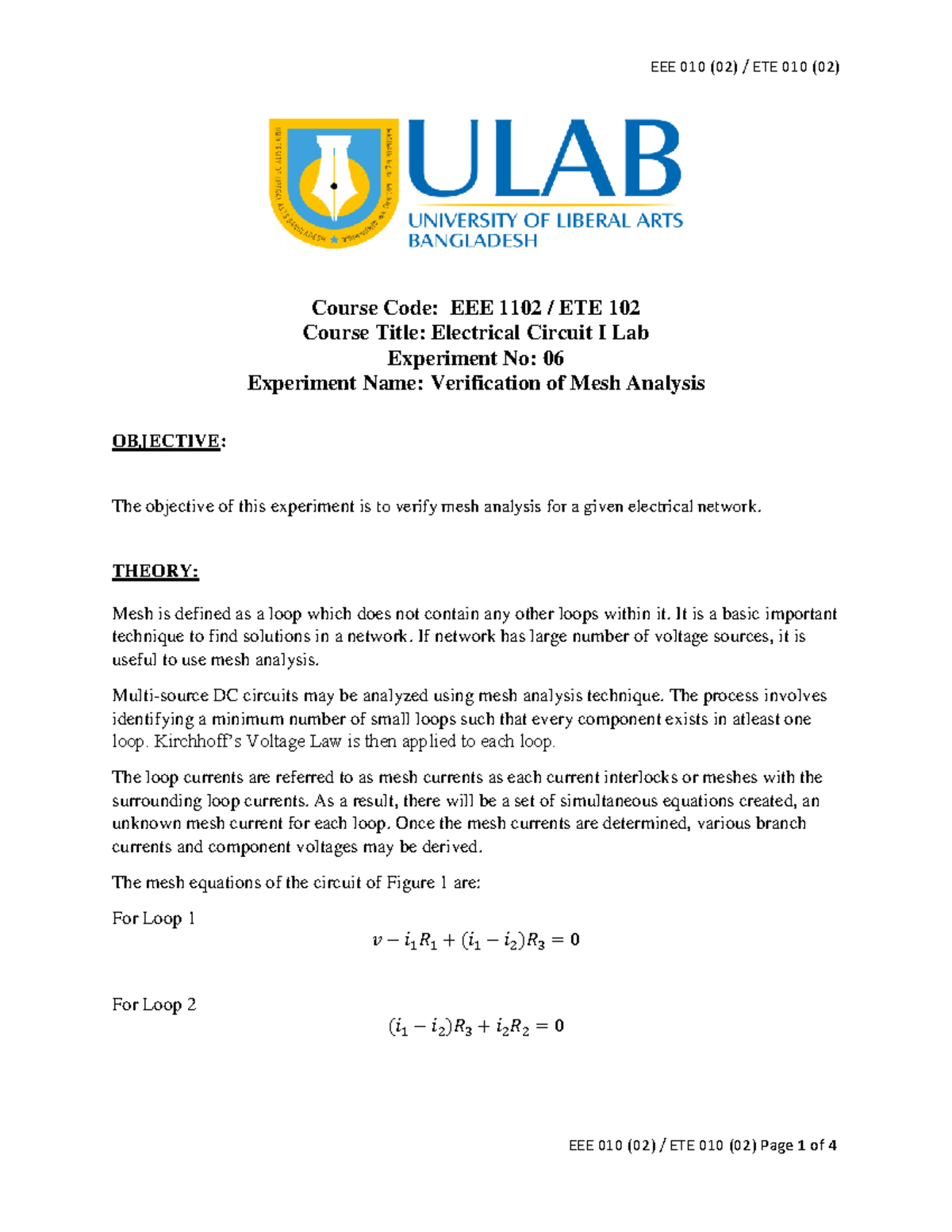 EEE 1102 EEE 102 ETE 102 - Experiment 06 - Course Code: EEE 1102 / ETE ...