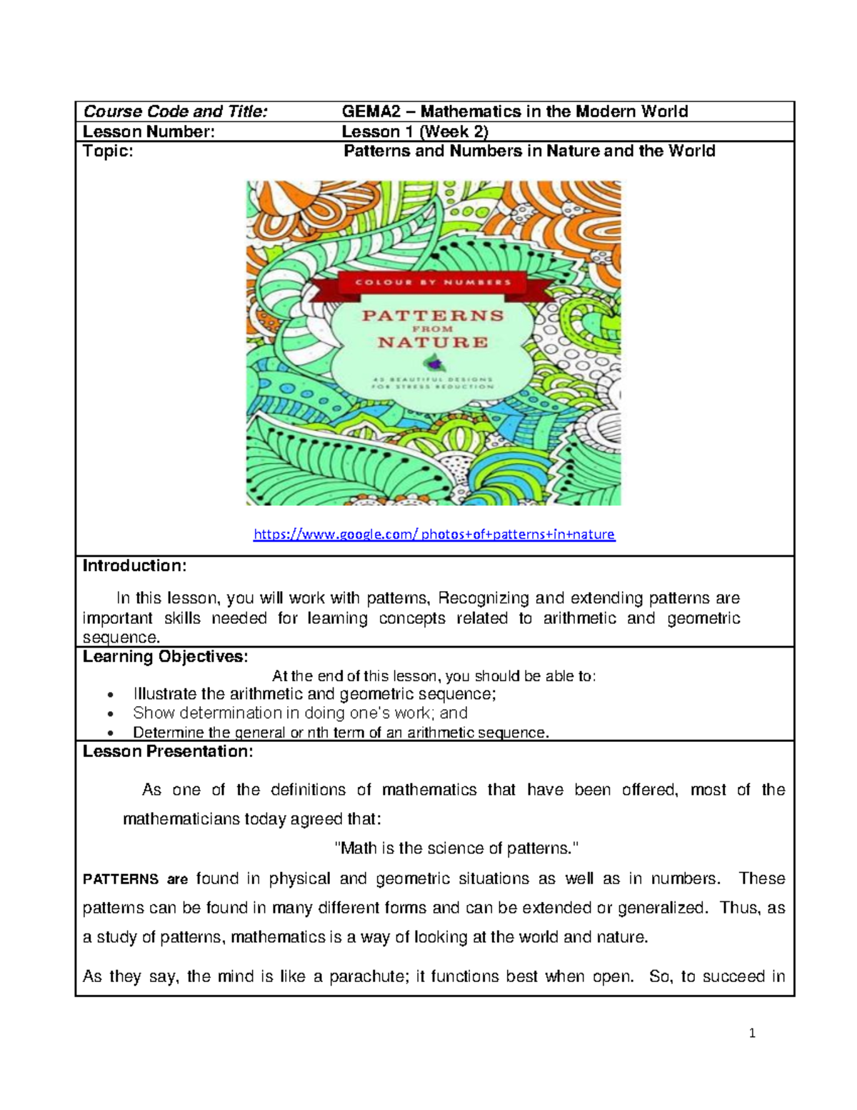 Module-1 Mathematics in the Modern World - Course Code and Title: GEMA2 ...