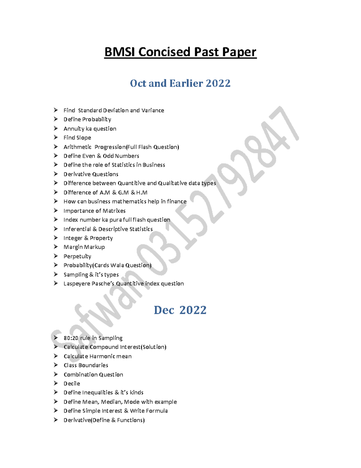 BMSI Concised Past Paper - Quartile Range Sigma Notation & Uses Simple ...