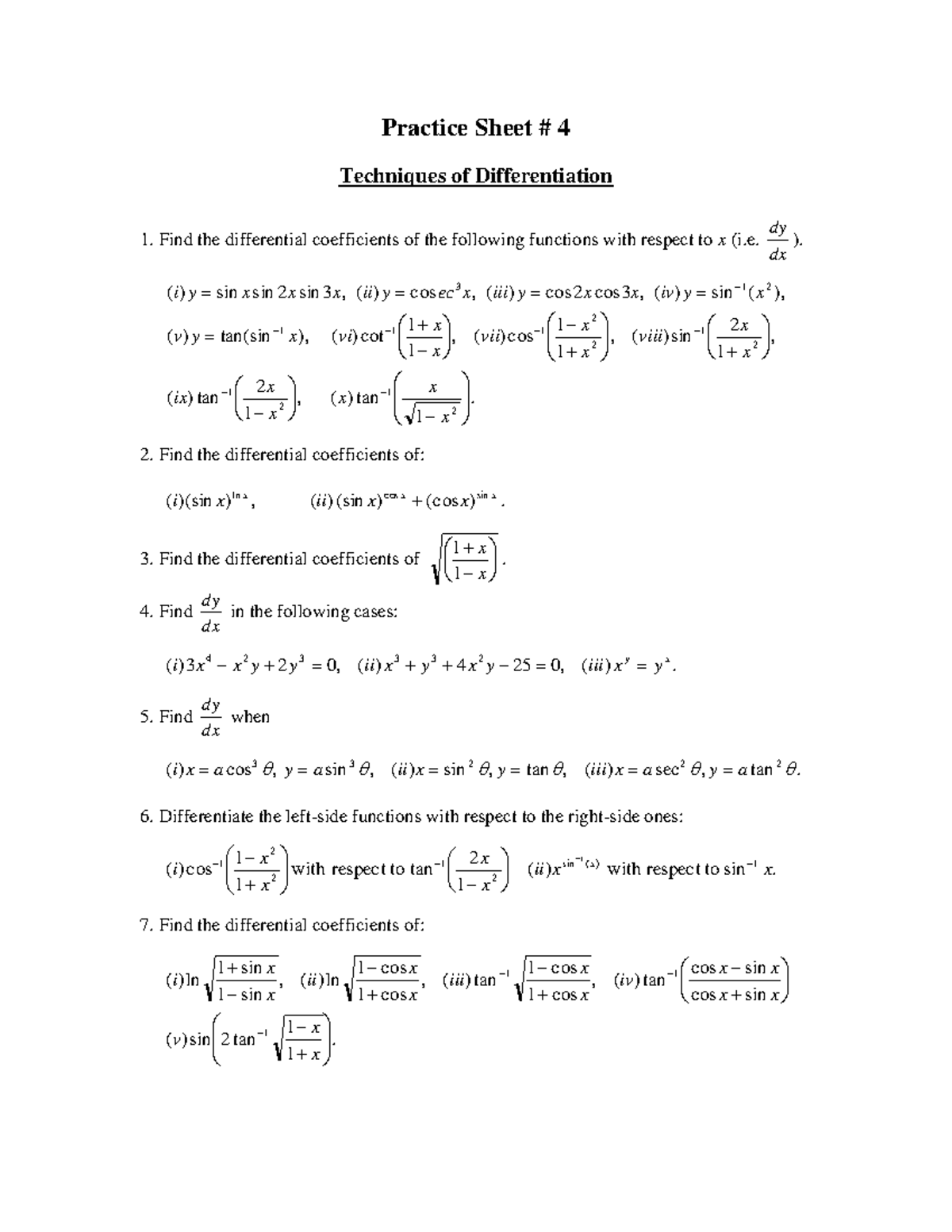 Practice Sheet 4 2 - Practice Sheet # 4 Techniques of Differentiation ...
