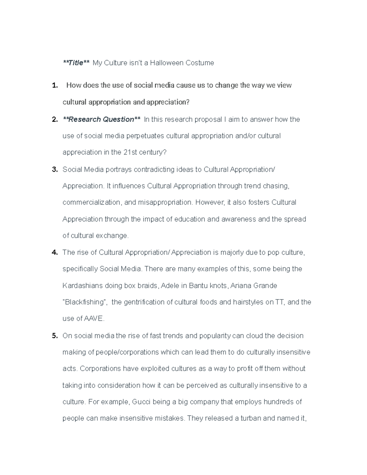 Research Proposal - Title My Culture isn’t a Halloween Costume 1. How ...