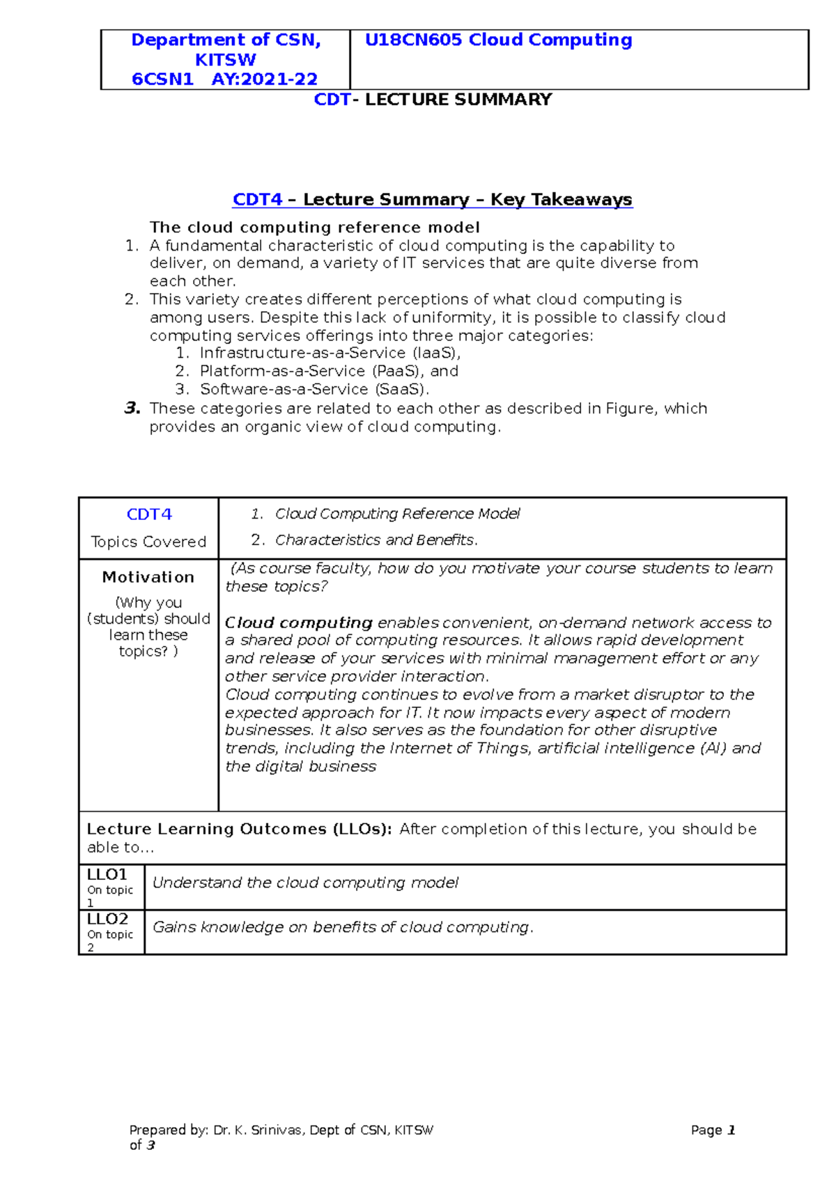 Cloud Computing Reference Model - Department of CSN, KITSW 6CSN1 AY:2021- U18CN605 Cloud ...