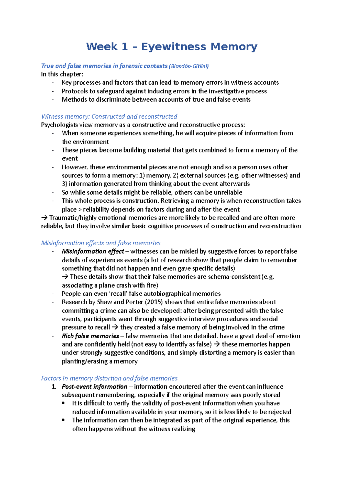 Eyewitness memory - Legal - Week 1 – Eyewitness Memory True and false ...