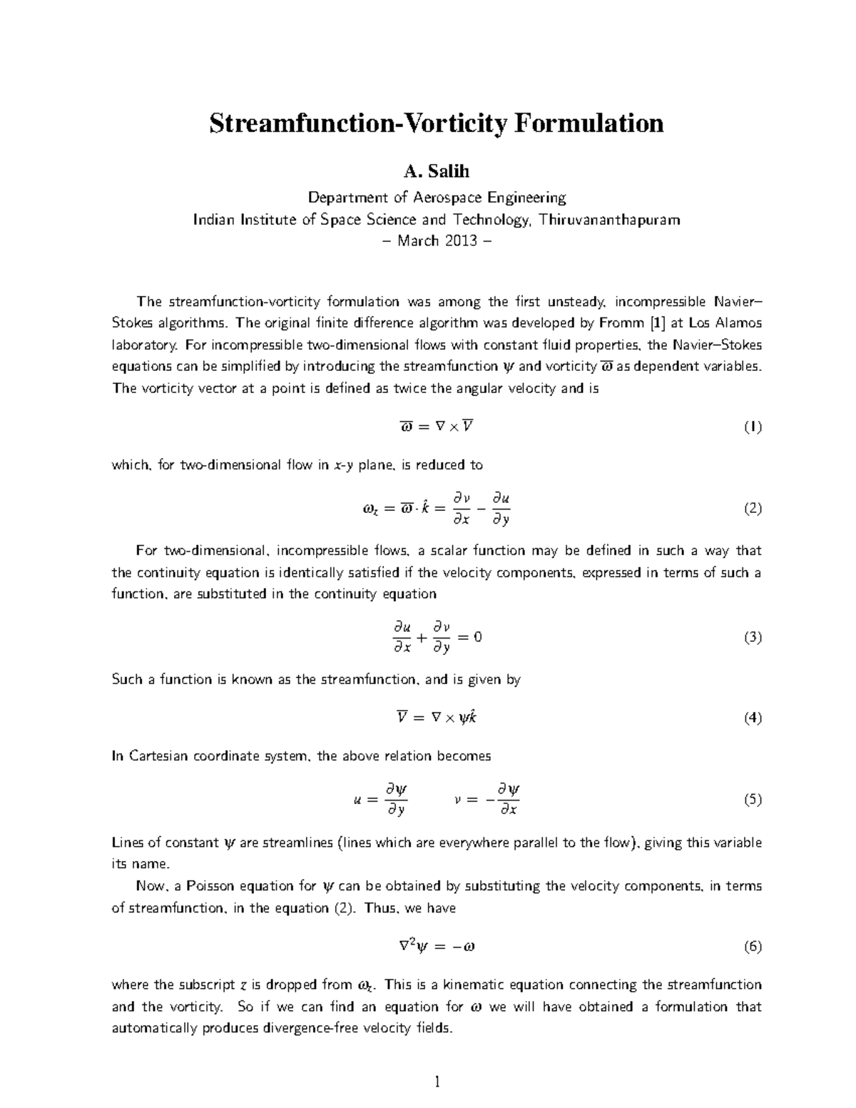 Stream Function Vorticity Formulation Formulation A Salih Department Of Aerospace Engineering 
