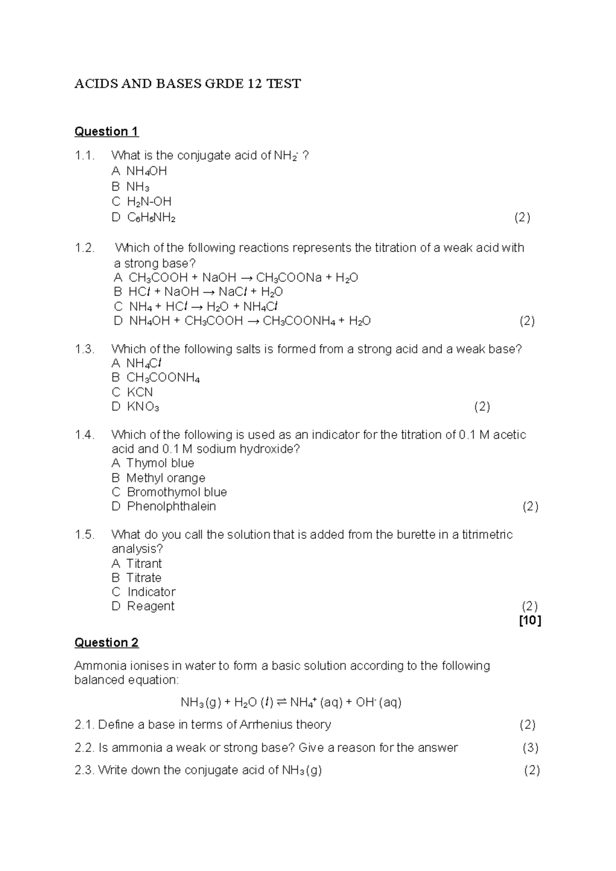 Acids AND Bases GRDE 12 TEST - ACIDS AND BASES GRDE 12 TEST Question 1 ...