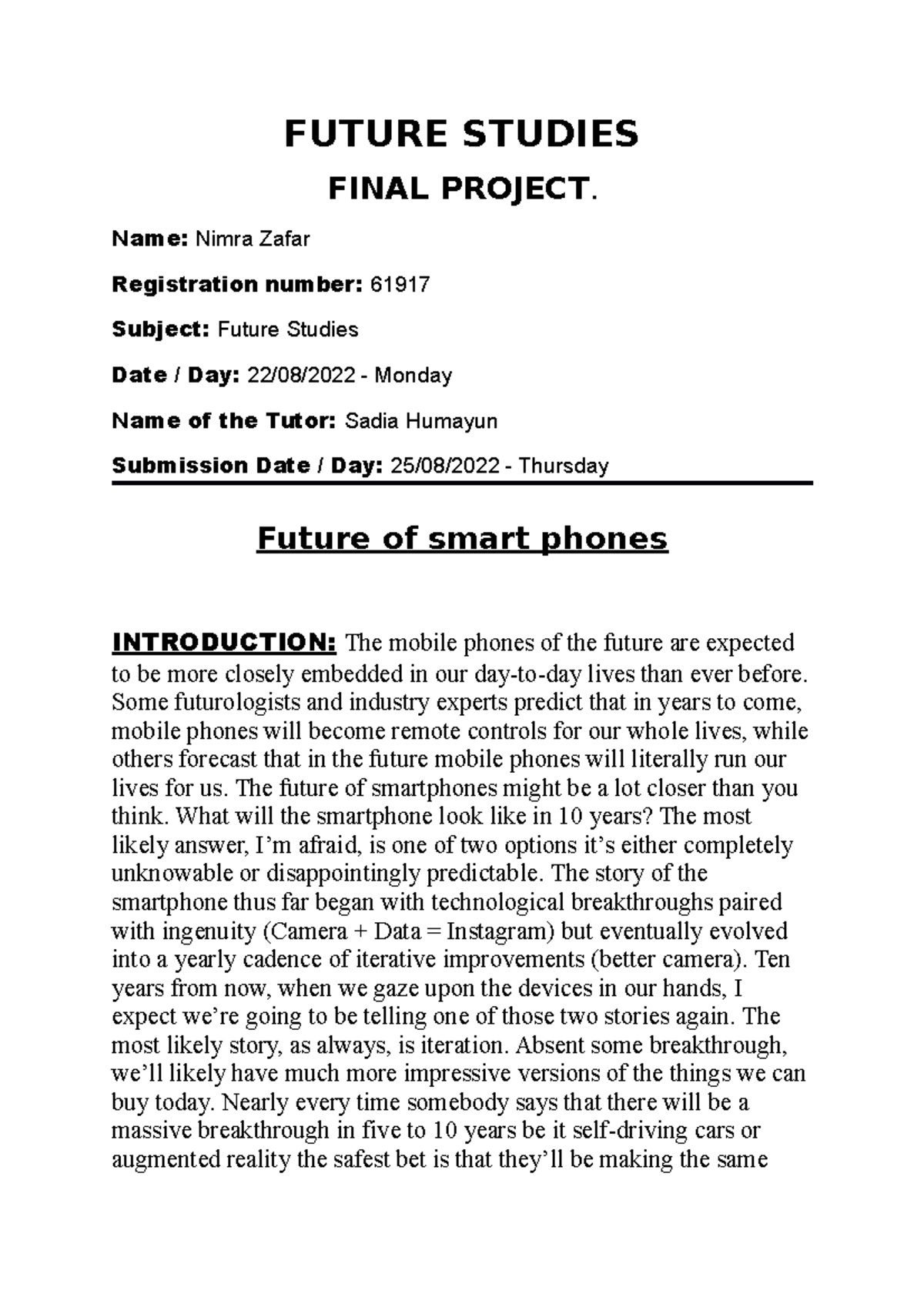 Future Studies Final Project - FUTURE STUDIES FINAL PROJECT. Name ...