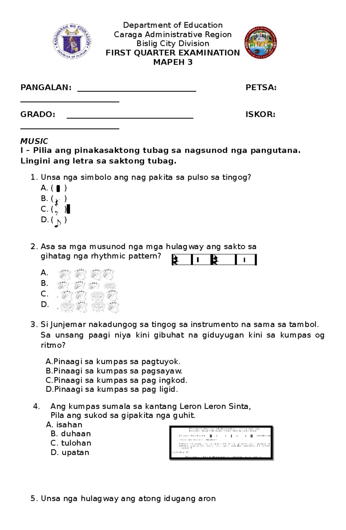 Mapeh grade 3 - test question - Department of Education Caraga ...