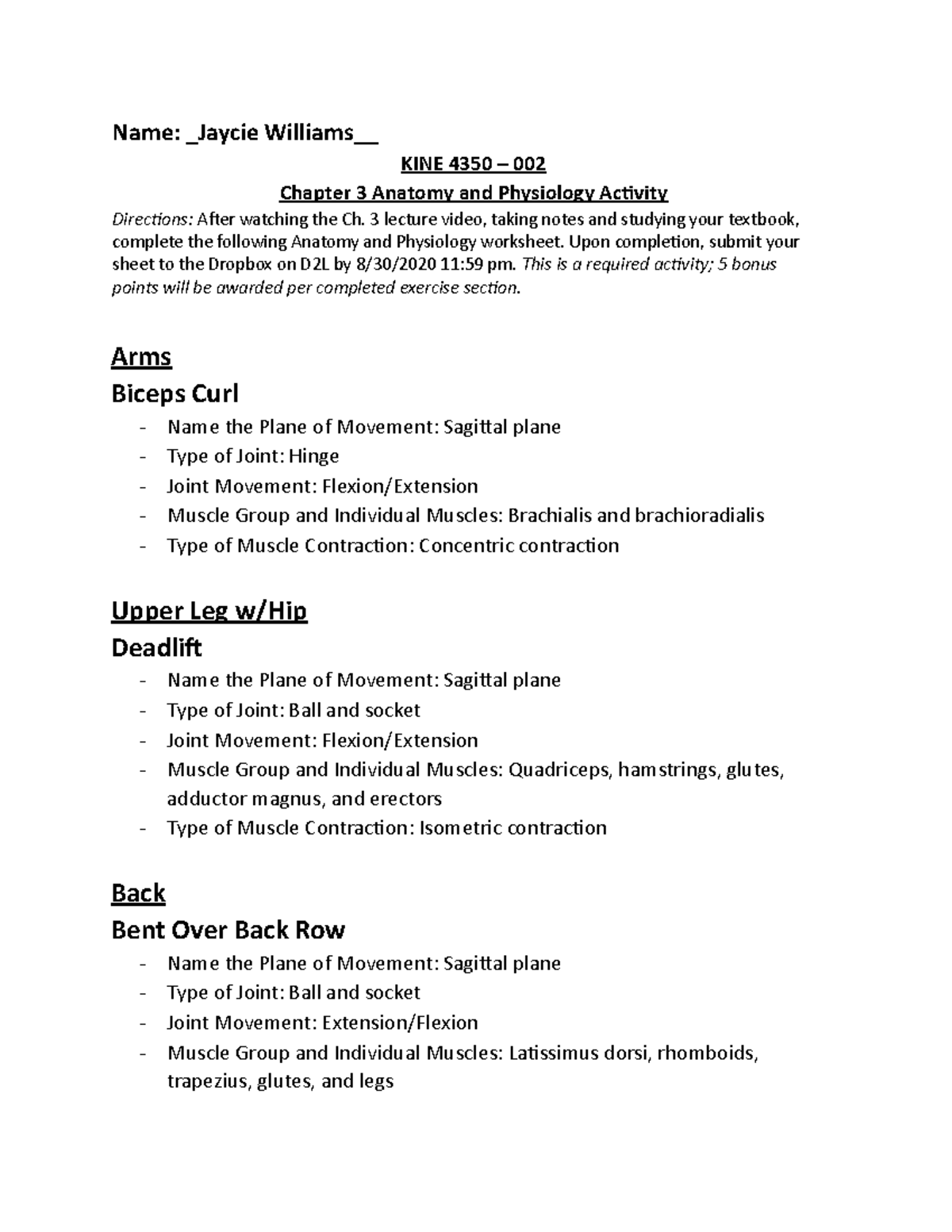 Ch. 3 Activity KINE 4350-002 - Name: Jaycie Williams_ KINE 4350 – 002 ...
