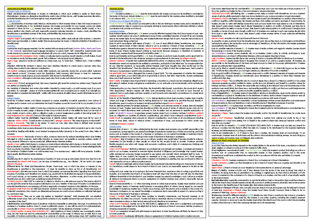 LAWS301 cheat sheet one - CREATION OF EXPRESS TRUSTS Express Trusts can ...