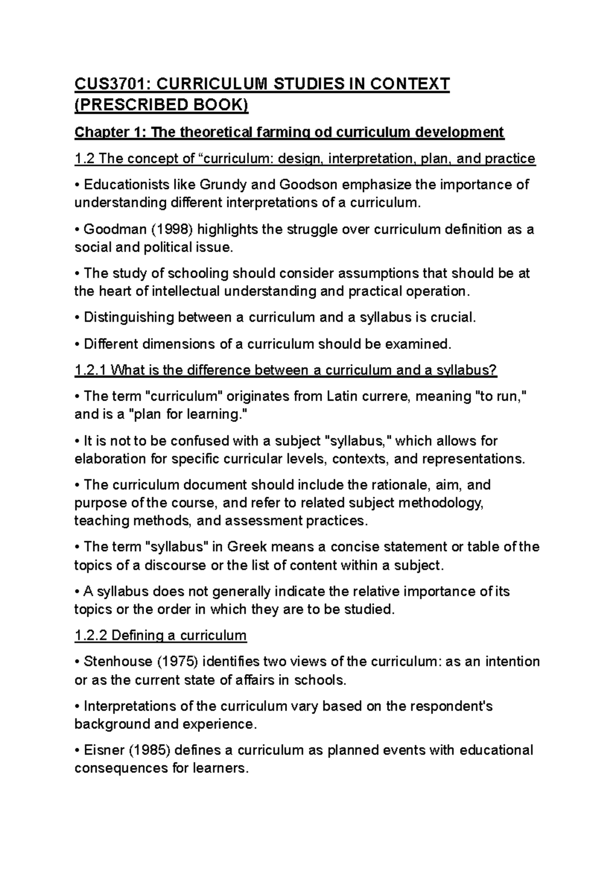 CUS3701 prescribed book summaries - CUS3701: CURRICULUM STUDIES IN ...