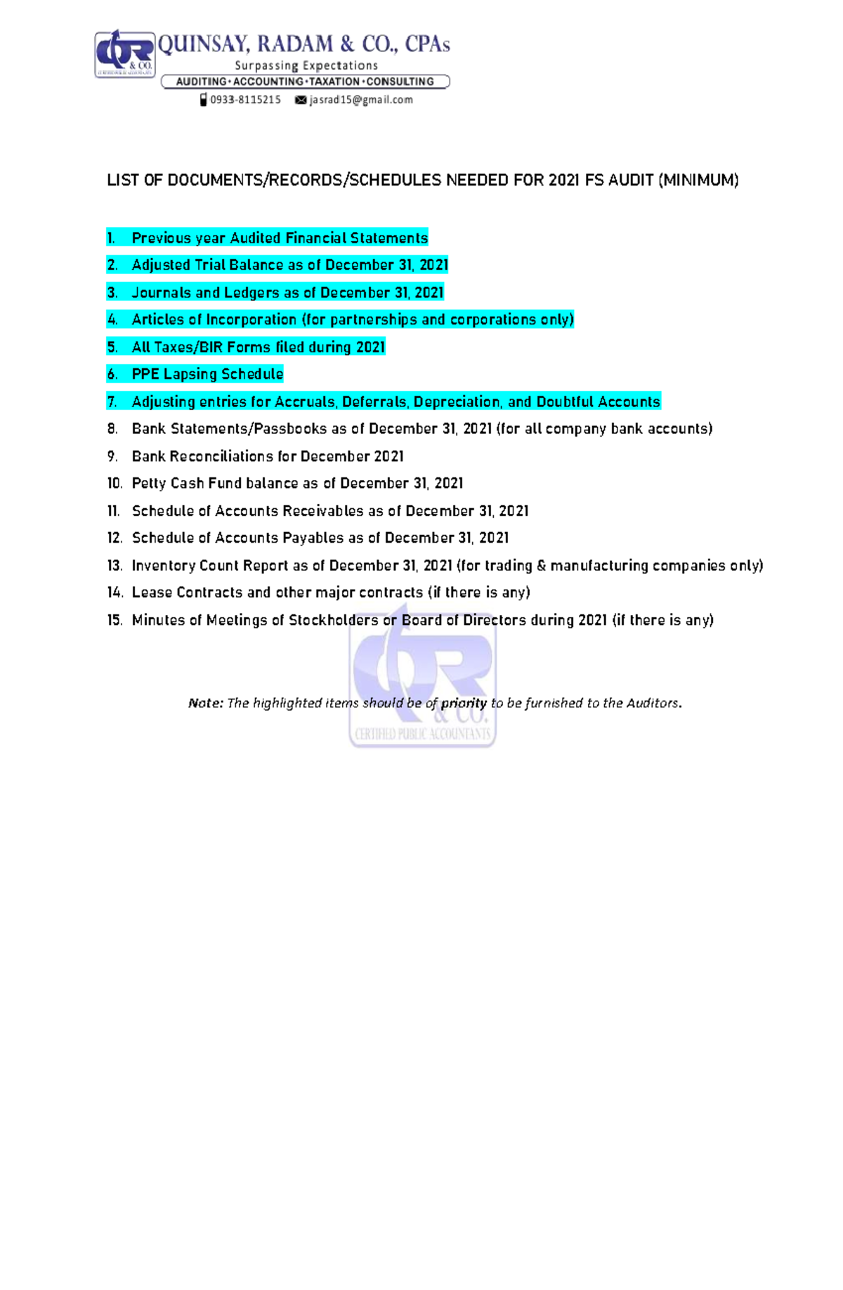 List of Documents Needed for Audit - LIST OF DOCUMENTS/RECORDS ...