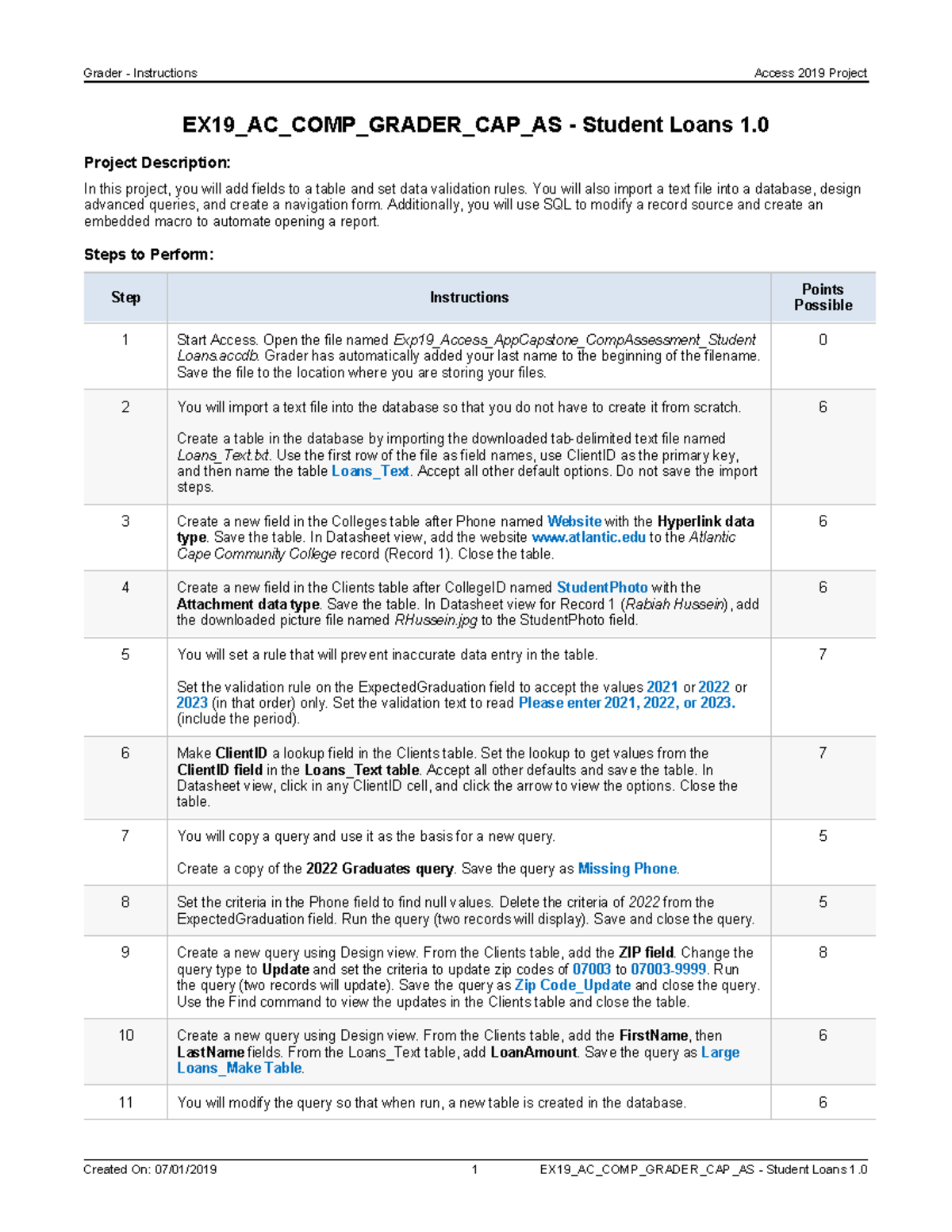 EX19 AC COMP Grader CAP AS Instructions - Grader - Instructions Access 2019 Project - Studocu