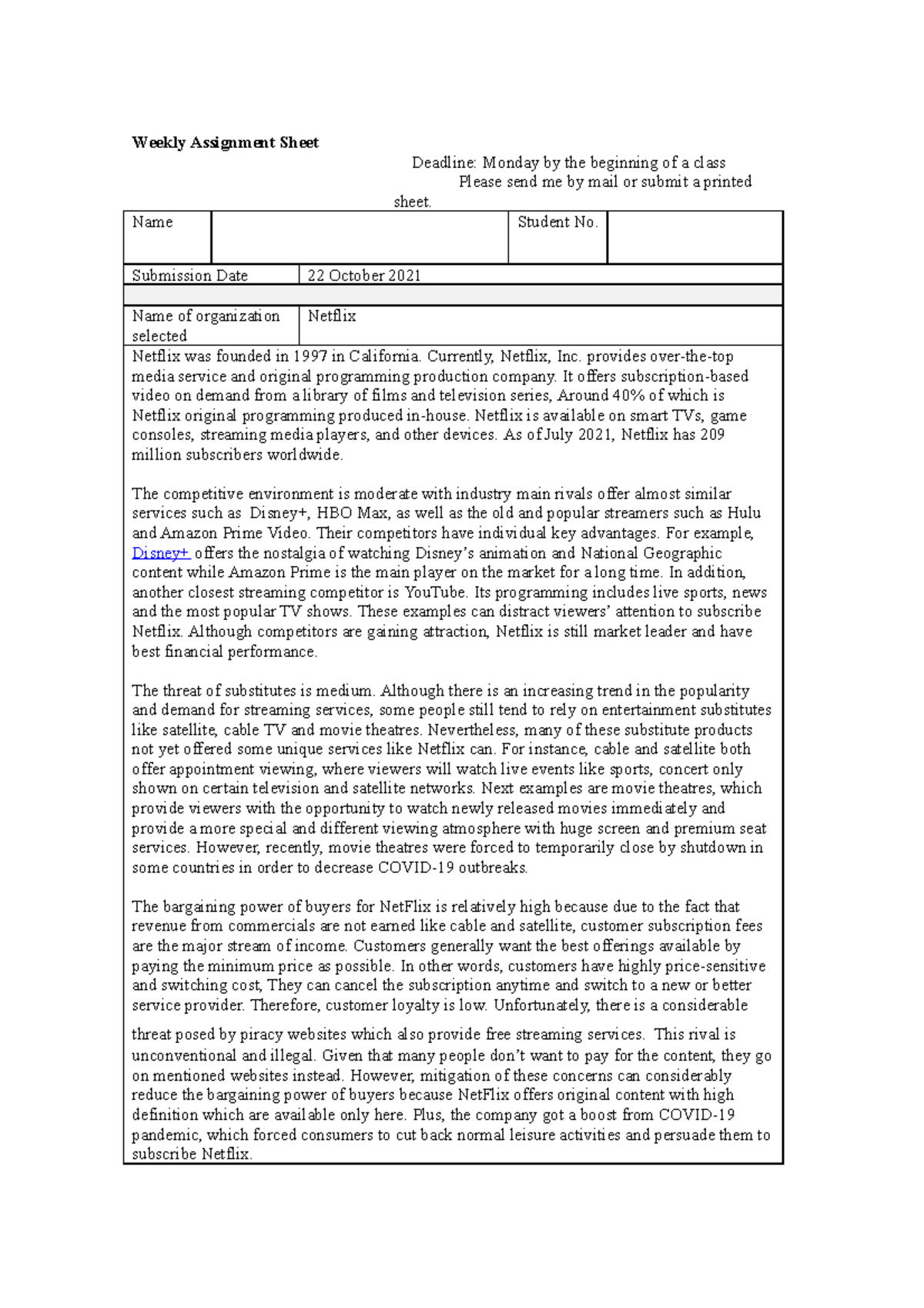 Weekly Assignment Sheet 2 - Weekly Assignment Sheet Deadline: Monday by ...
