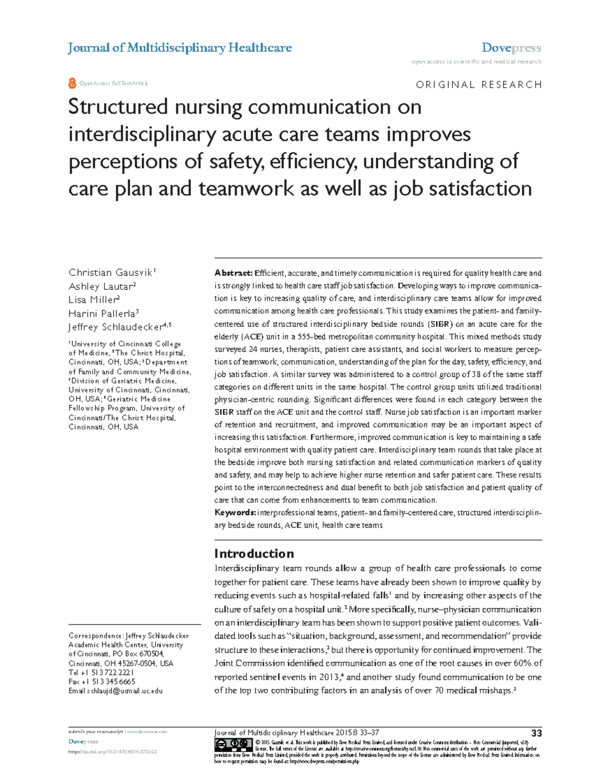 Structured nursing communication on interdisciplinary acute care teams ...