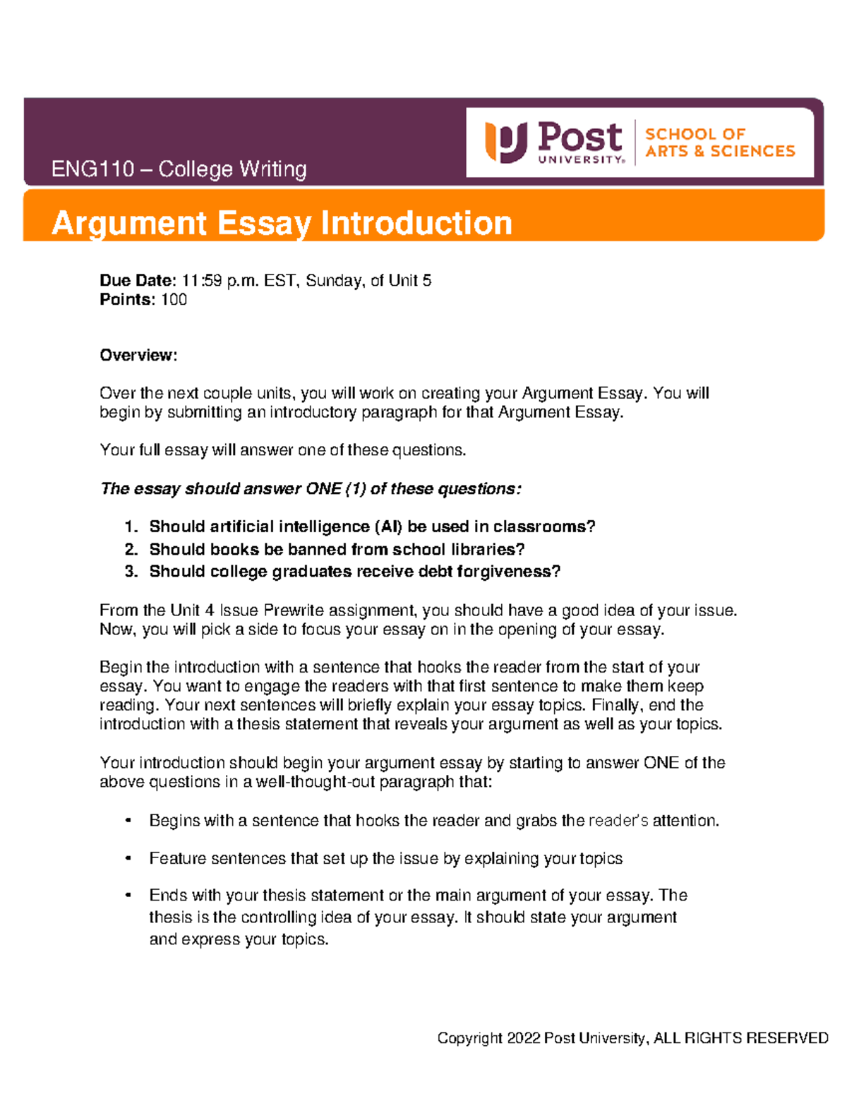 Unit 5 Assignment - Argument Essay Introduction - Due Date: 11:59 p ...