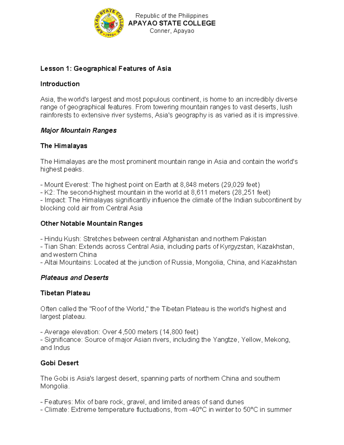 Worktext for Lesson 1 & Lesson 2 (Asian Studies) - Republic of the ...