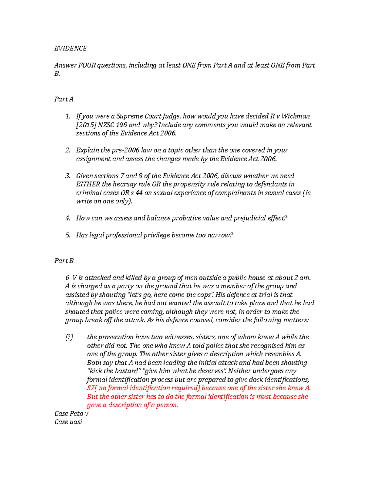 Exam 16 April 2019, questions - EVIDENCE Answer FOUR questions ...