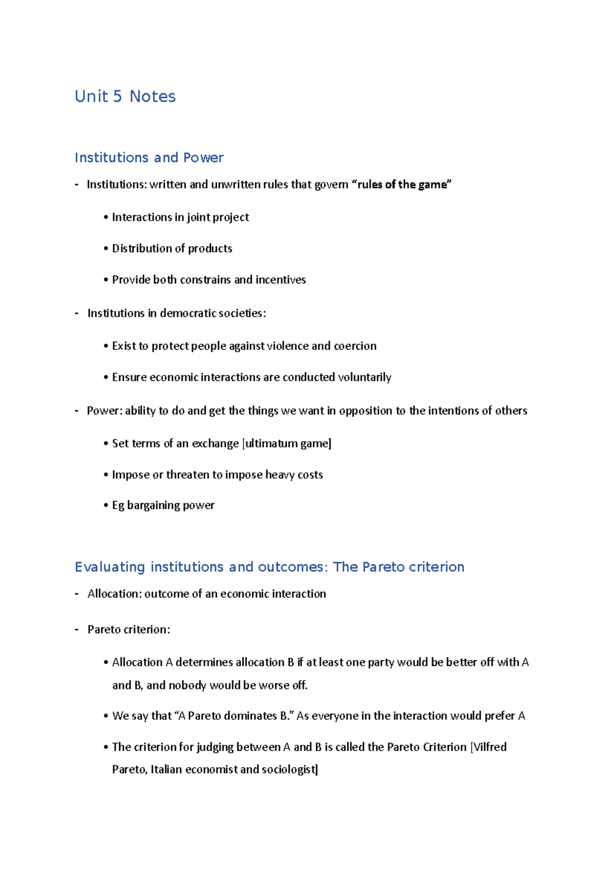 Unit 5 Notes ECO2003 - Unit 5 Notes Institutions and Power ...