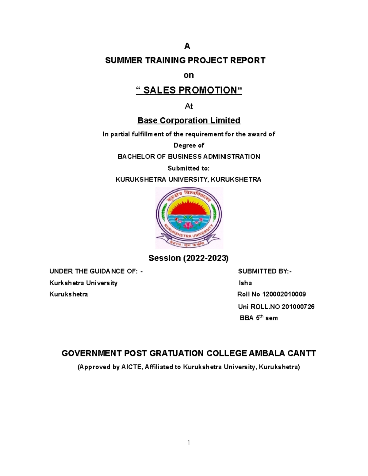 Isha file - BBA - 1 A SUMMER TRAINING PROJECT REPORT on “ SALES ...