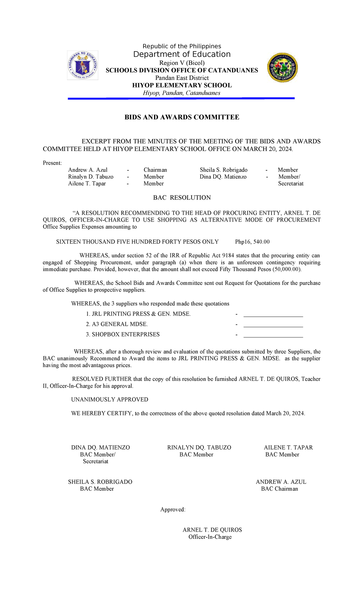 BAC RESO - resolution - Republic of the Philippines Department of ...