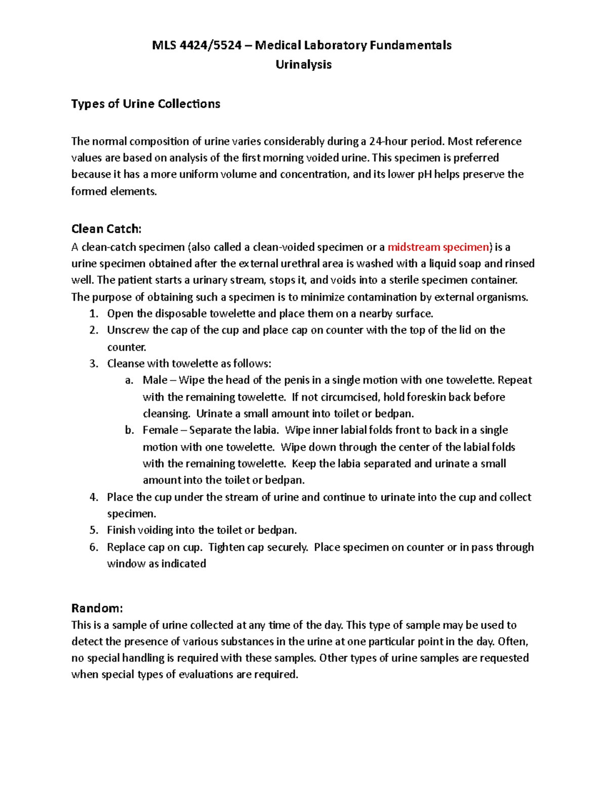 Types of Urine Collections - MLS 4424/5524 – Medical Laboratory ...
