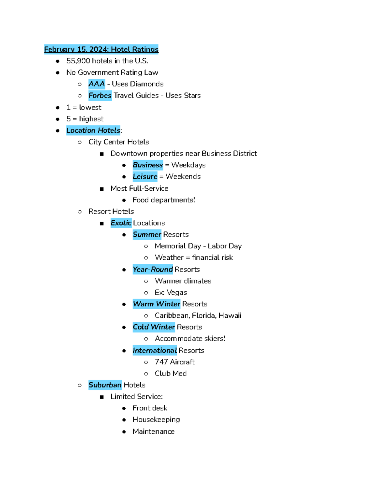 Hospitality Notes for Test 2 - February 15, 2024: Hotel Ratings 55,900 ...