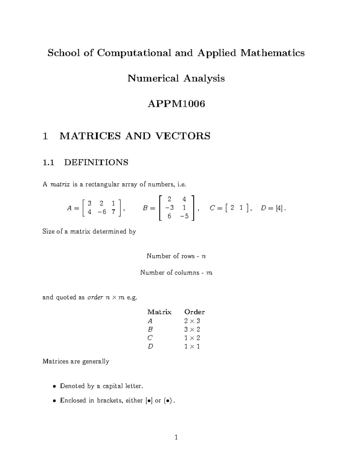 Matrices And Vectors Lecture Notes 2 School Of Computational And Applied Mathematics