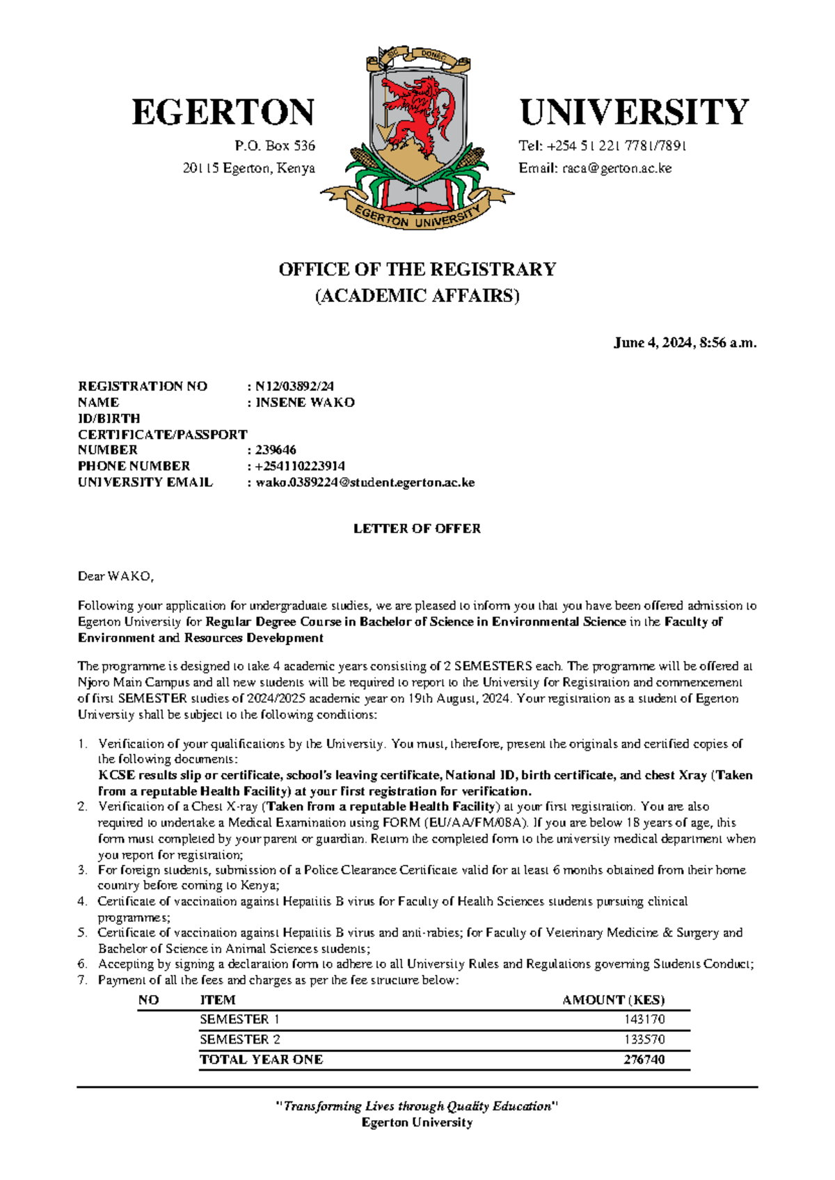 N12 03892 24 admission letter - EGERTON P. Box 536 20115 Egerton, Kenya ...