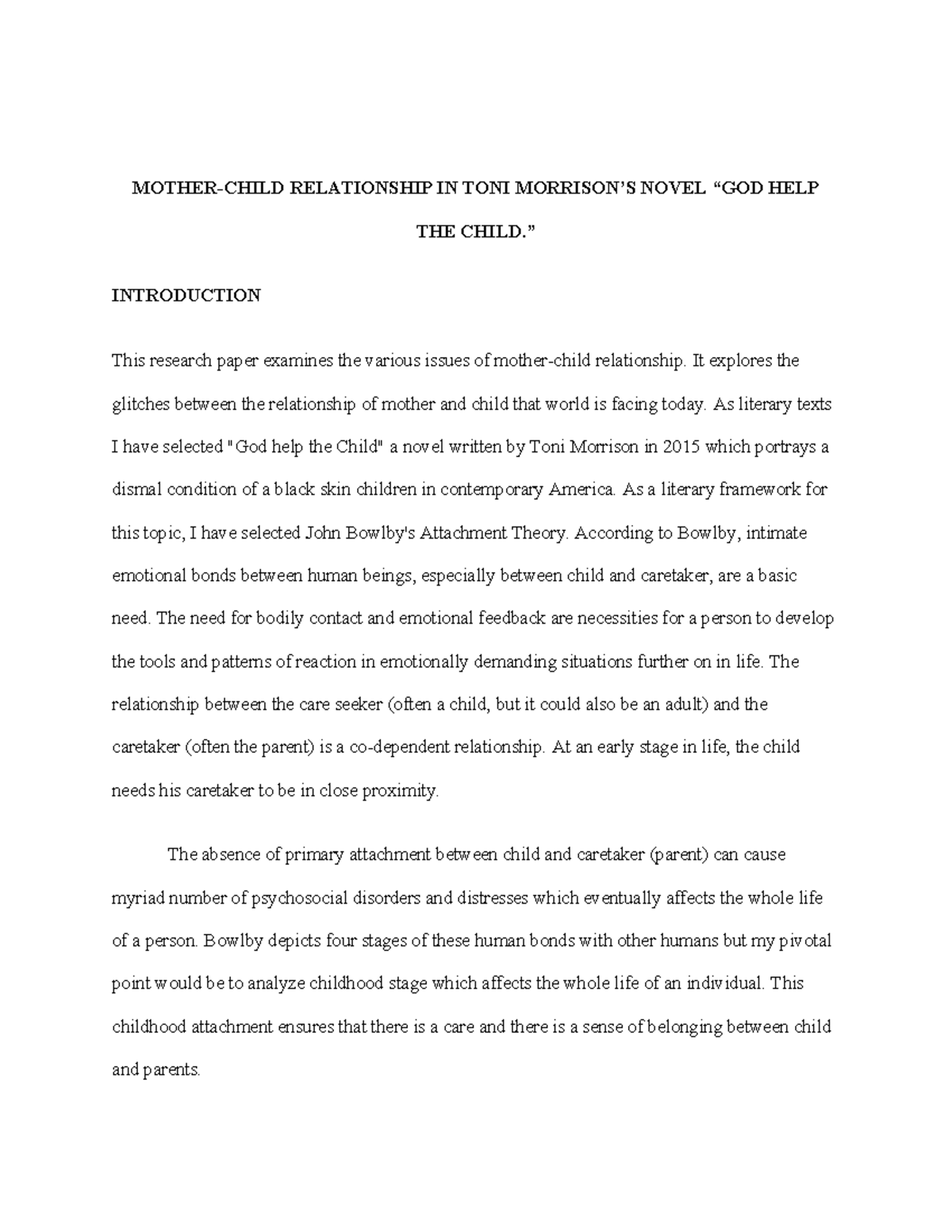 Research paper - notes - MOTHER-CHILD RELATIONSHIP IN TONI MORRISON’S ...