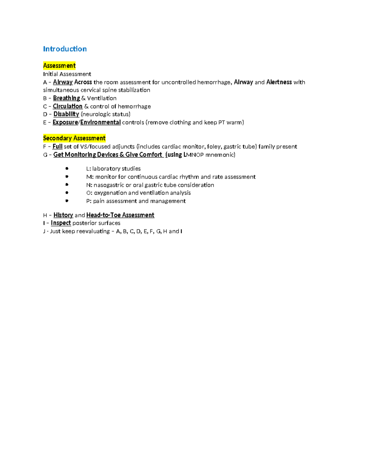 Skills Steps - Introduction Assessment Initial Assessment A – Airway ...