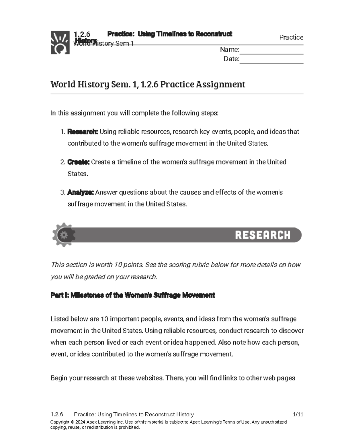 1.2.6 Practice - World History Sem. 1, 1.2.6 Practice Assignment ...