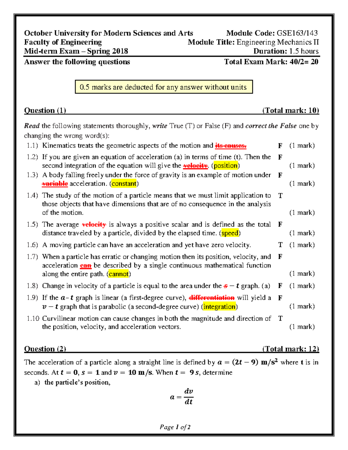 Mid Term Exam GSE163 Mechanics II Spring 2018 -Solution - October ...