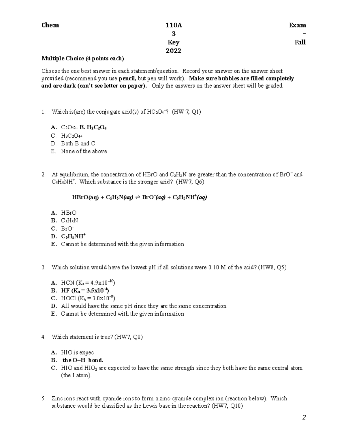 Exam3-110-Fa22-Key chem - 3 – Key Fall 2022 Multiple Choice (4 points each) Choose the one best ...