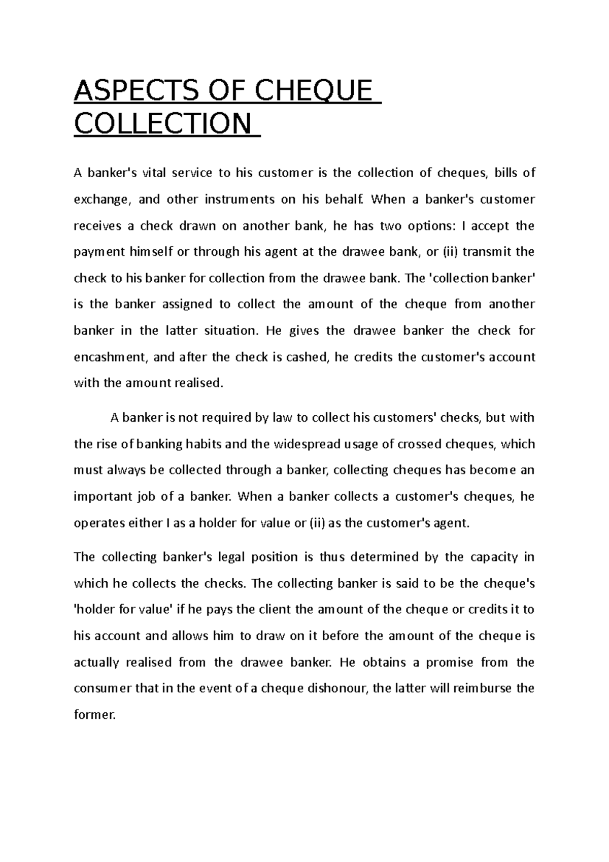 ASPECT OF CHEQUE COLLECTION - ASPECTS OF CHEQUE COLLECTION A banker's ...