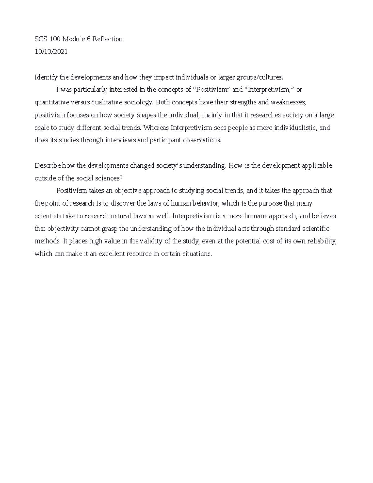 SCS 100 Module 6 Reflection - SCS 100 Module 6 Reflection 10/10 ...