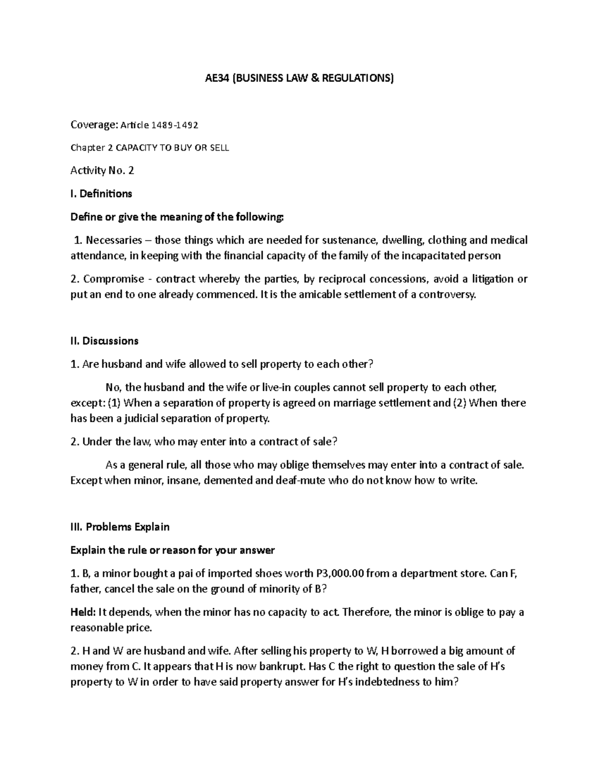AE34 activity #02 - Lecture notes 2 - AE34 (BUSINESS LAW & REGULATIONS ...