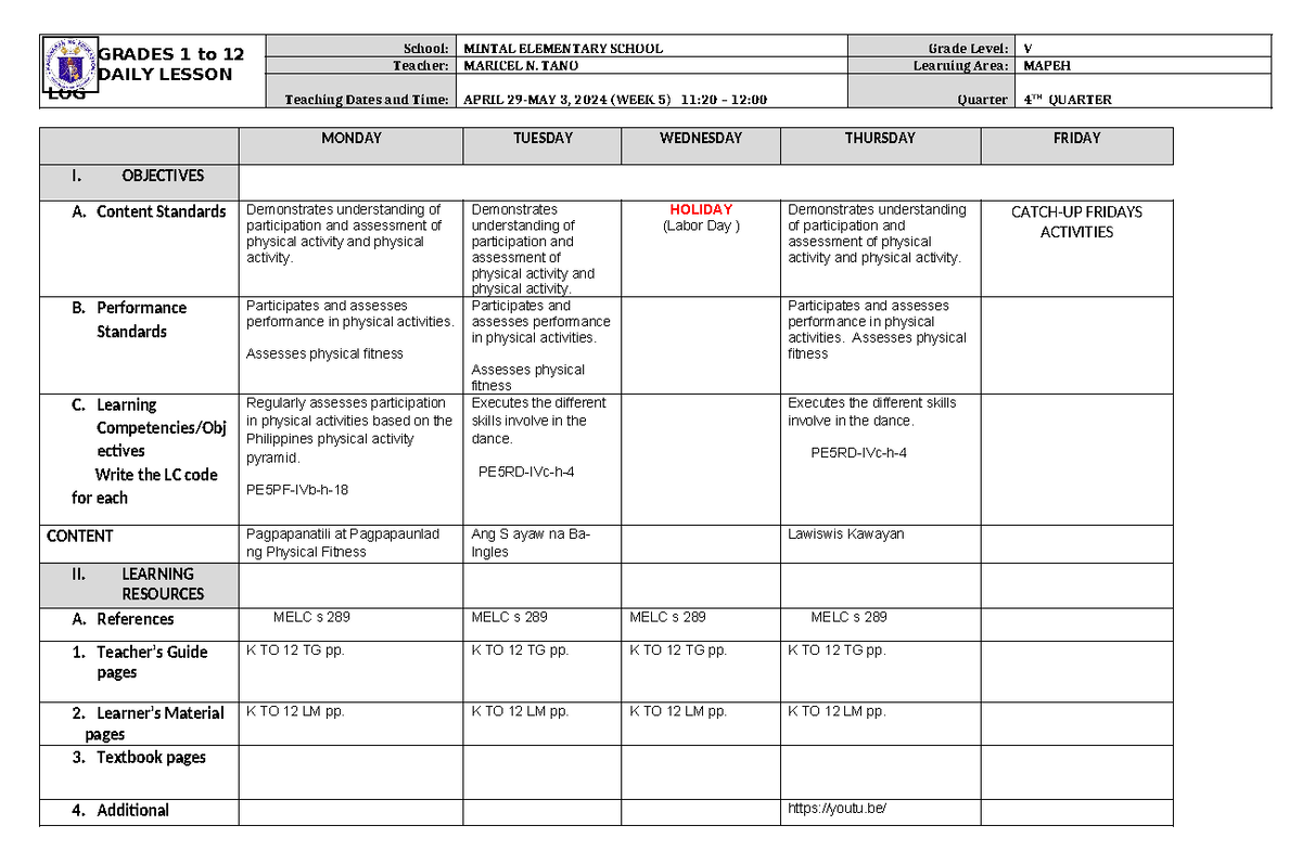DLL Mapeh-5 Q4 W5-final - GRADES 1 to 12 DAILY LESSON LOG School: MINTAL ELEMENTARY SCHOOL Grade ...