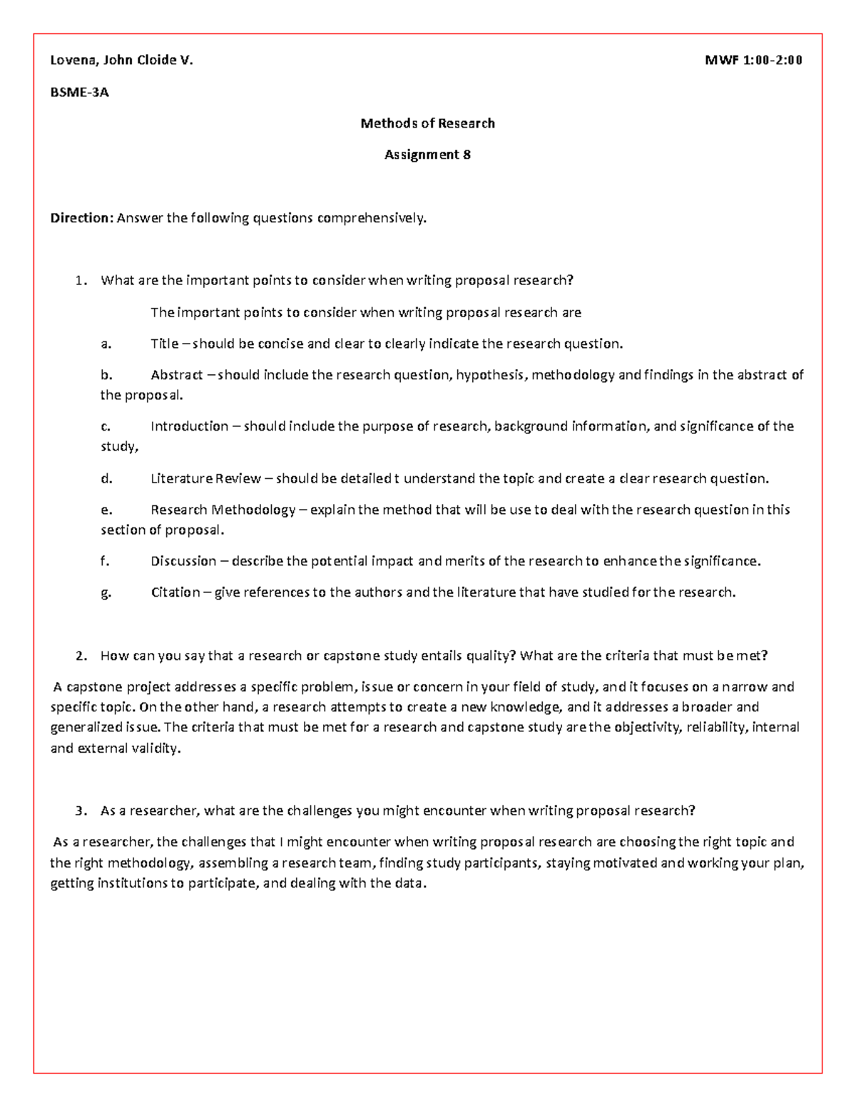 Methods of Research Assignement 8 - Lovena, John Cloide V. MWF 1:00-2 ...
