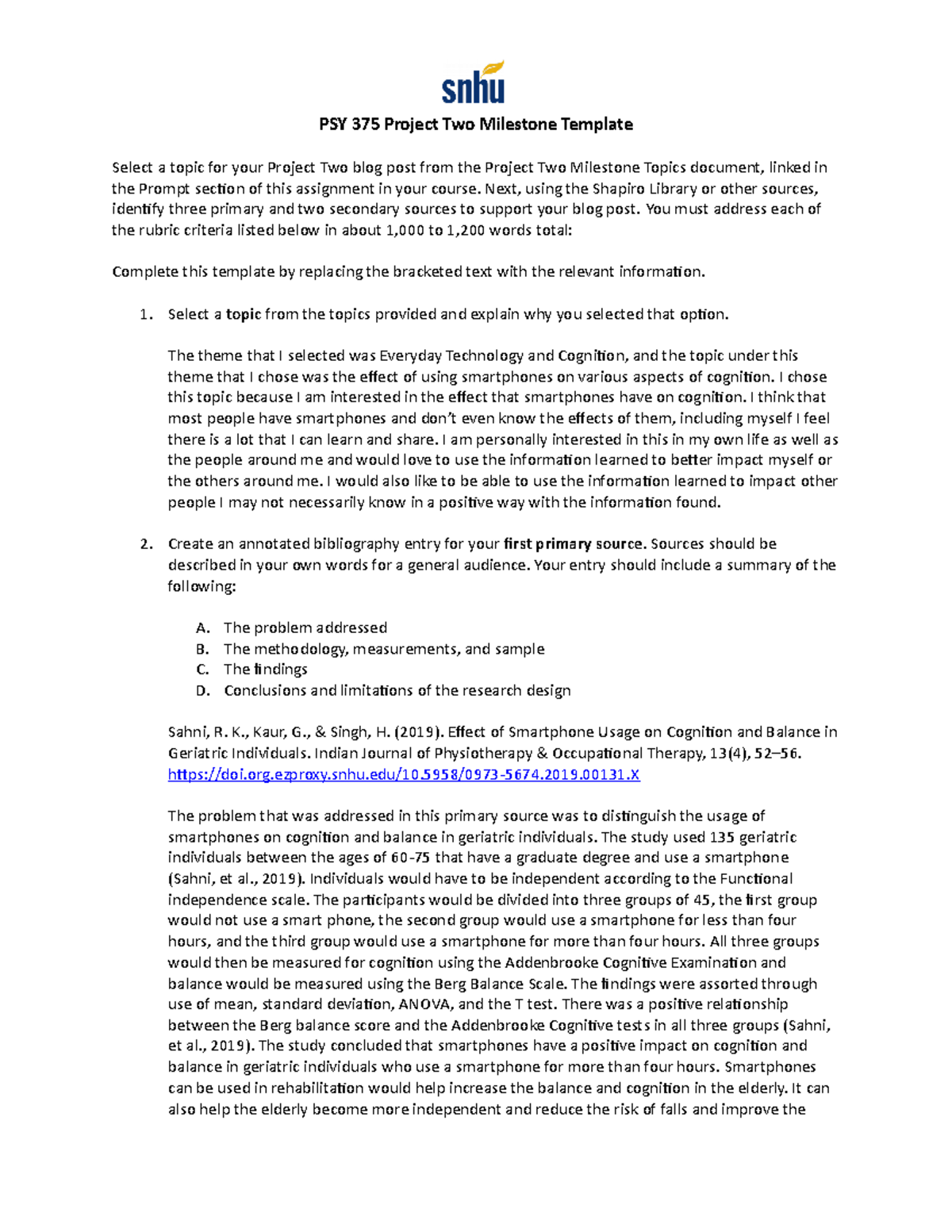 PSY 375 Project Two Milestone Template - PSY 375 Project Two Milestone ...