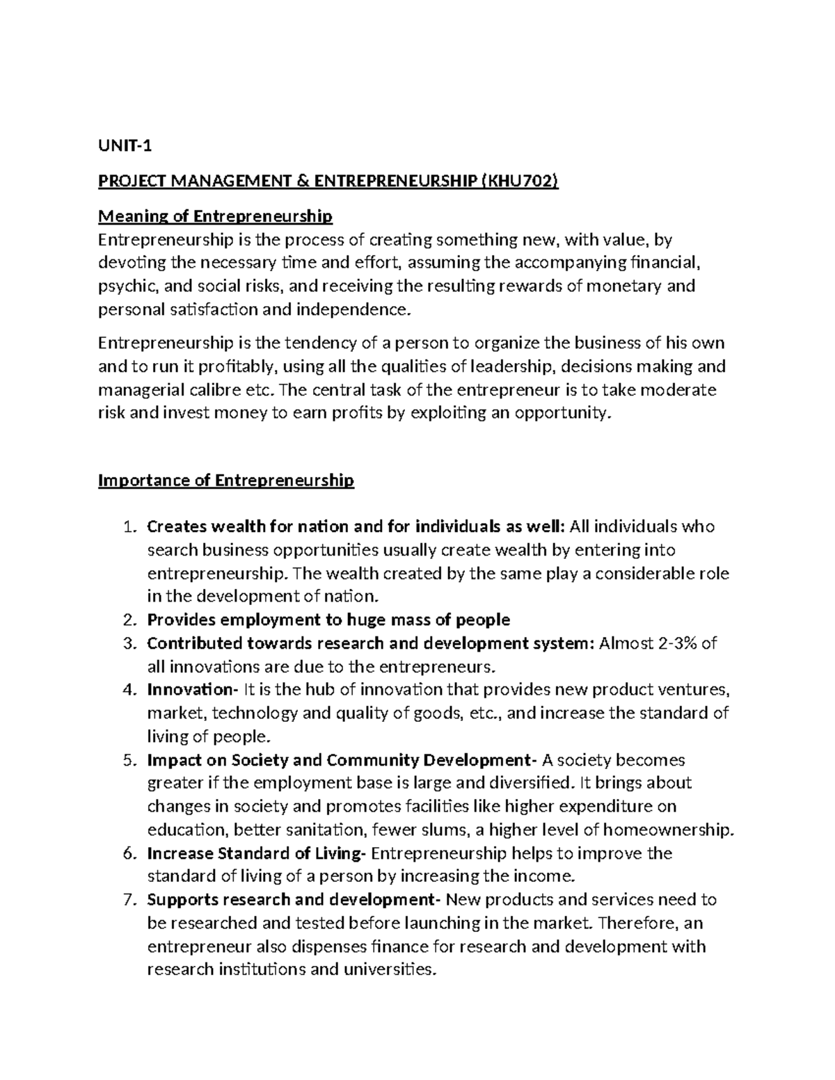 PME unit-1 - UNIT- PROJECT MANAGEMENT & ENTREPRENEURSHIP (KHU702 ...