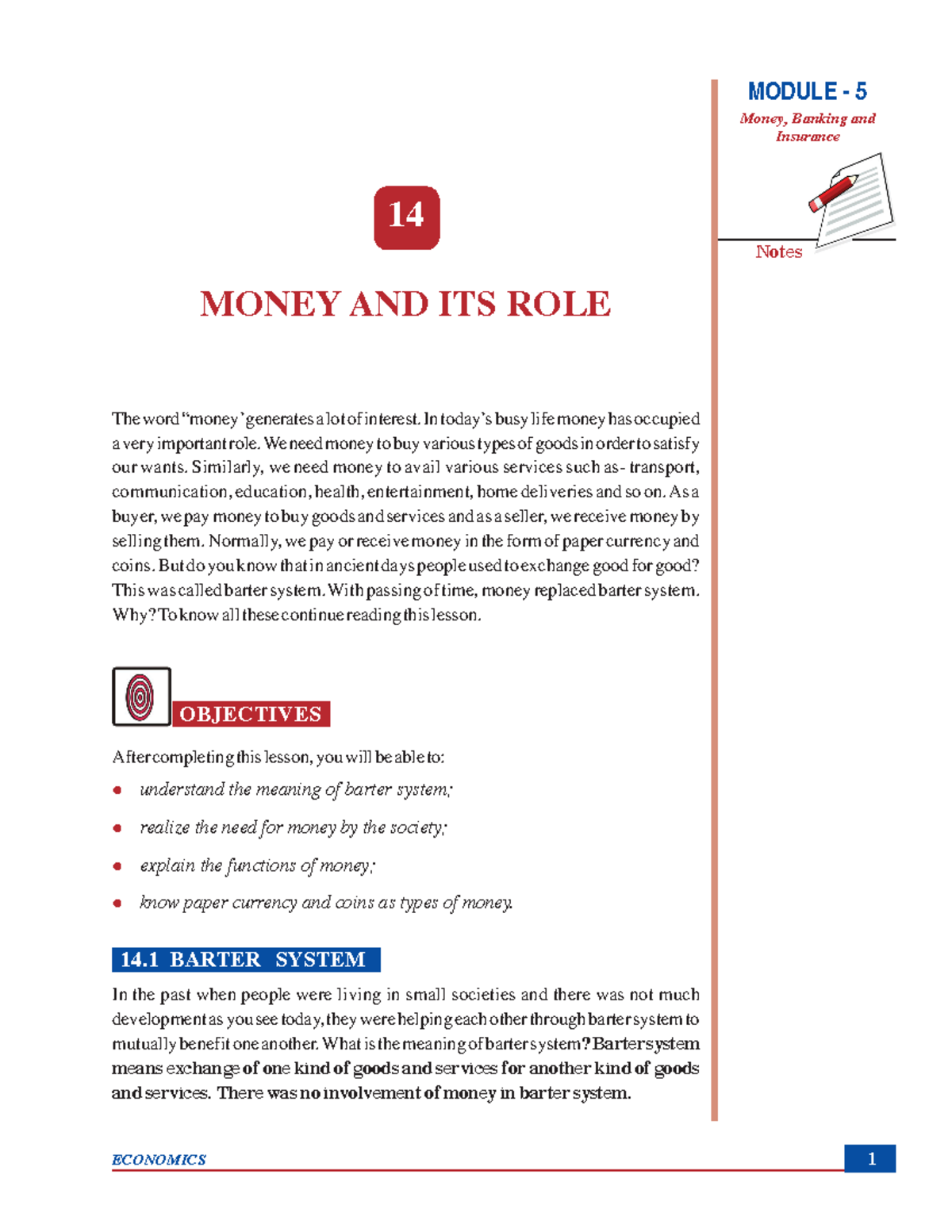 MONEY AND ITS ROLE - Money and its Role Notes MODULE - 5 Money, Banking ...