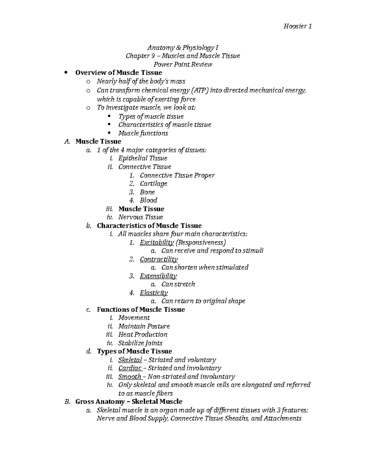 Ch. 9 Power Point Notes copy - Anatomy & Physiology I Chapter 9 ...