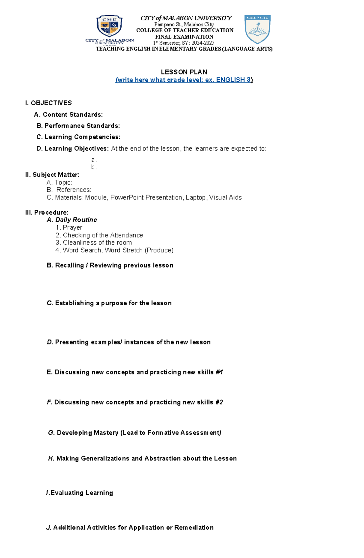 Lesson plan Template Final output - CITY of MALABON UNIVERSITY Pampano ...